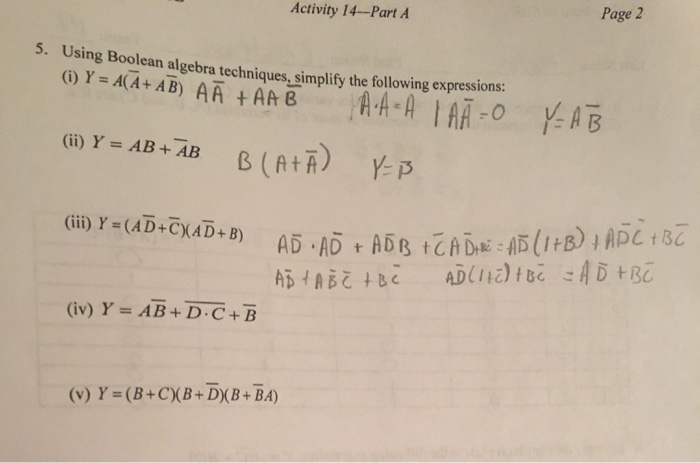 Solved (iv) Y AB+ D-C+B 1 (v) Y = (B+C)(B+D) (B+ BA) Page | Chegg.com