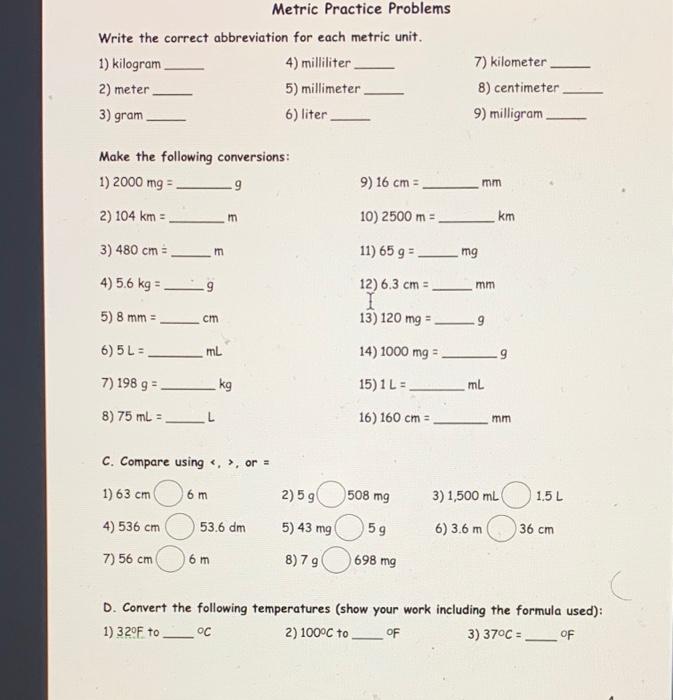 Solved Metric Practice Problems Write the correct | Chegg.com
