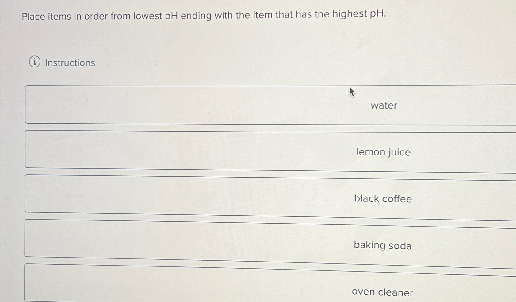 Solved Place items in order from lowest pH ﻿ending with the | Chegg.com