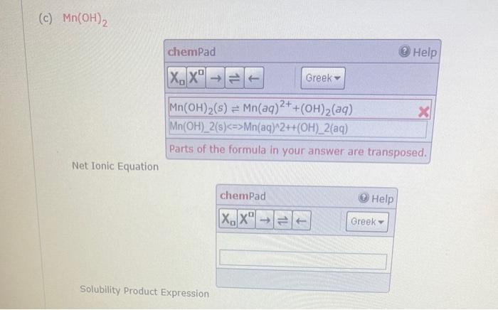 Solved Net Ionic Equation Solubility Product Expression | Chegg.com
