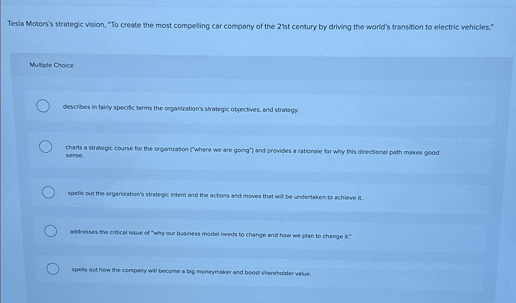 Solved Tesla Motors's strategic vision, "To create the most | Chegg.com