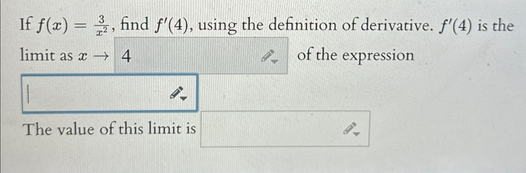 Solved If f(x)=3x2, ﻿find f'(4), ﻿using the definition of | Chegg.com