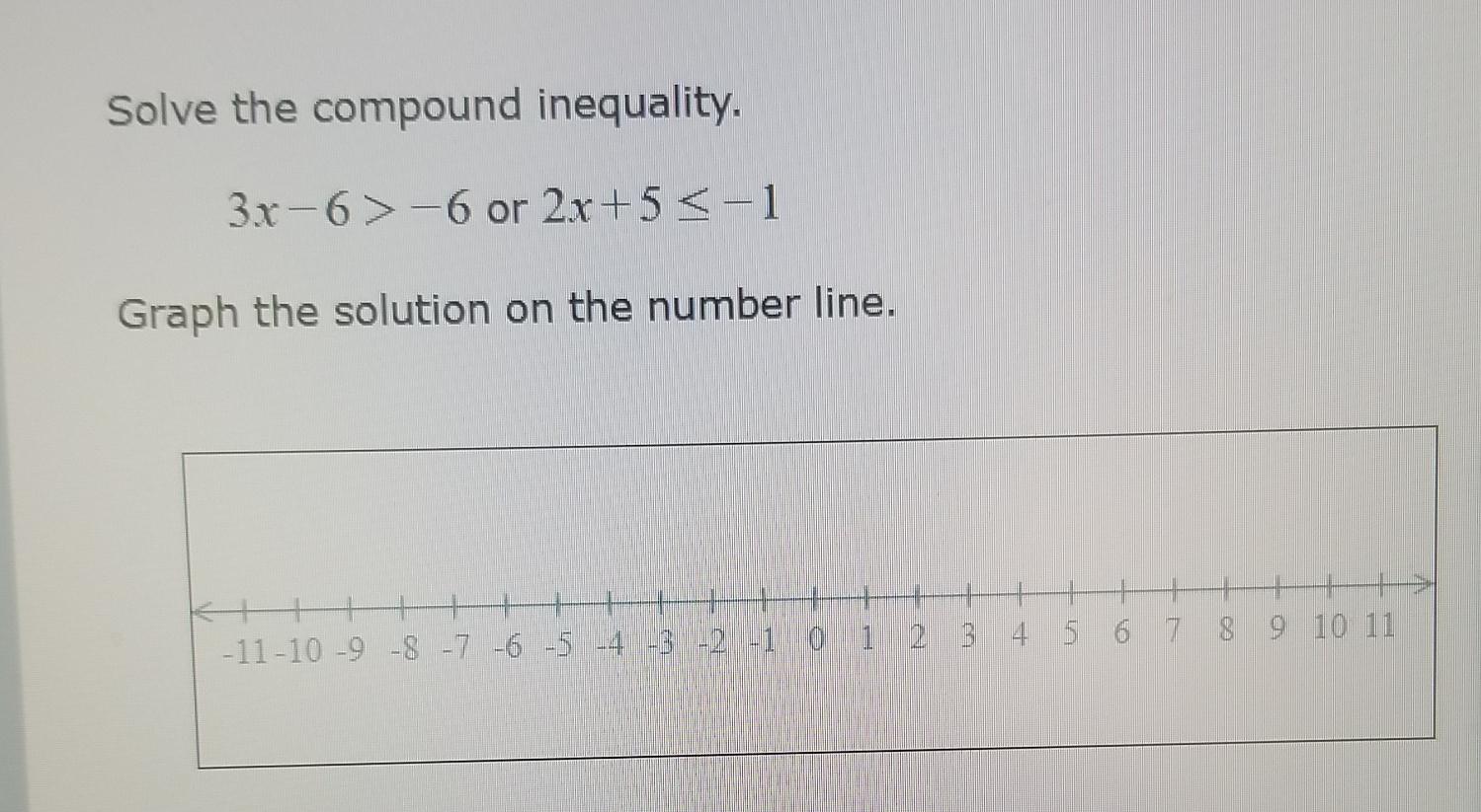 Solved Solve the compound inequality.3x-6>-6 or 2x+5≤-1Graph | Chegg.com