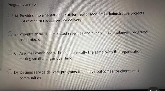 Solved Program planning: A) Provides implementation detail | Chegg.com