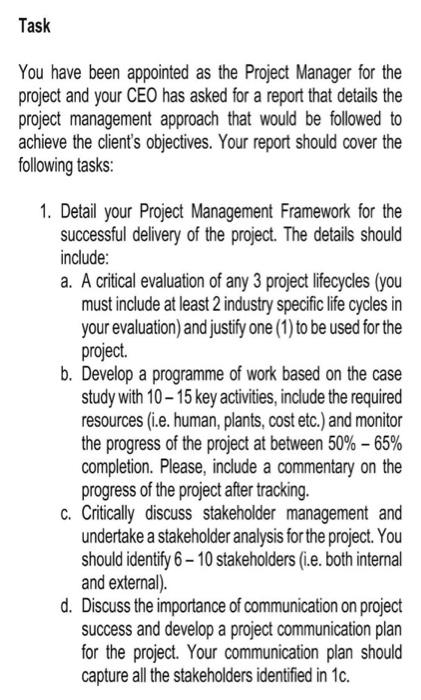 Solved Task You have been appointed as the Project Manager | Chegg.com