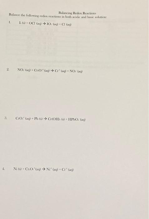 Solved Balance the following redox reactioncing Redox | Chegg.com