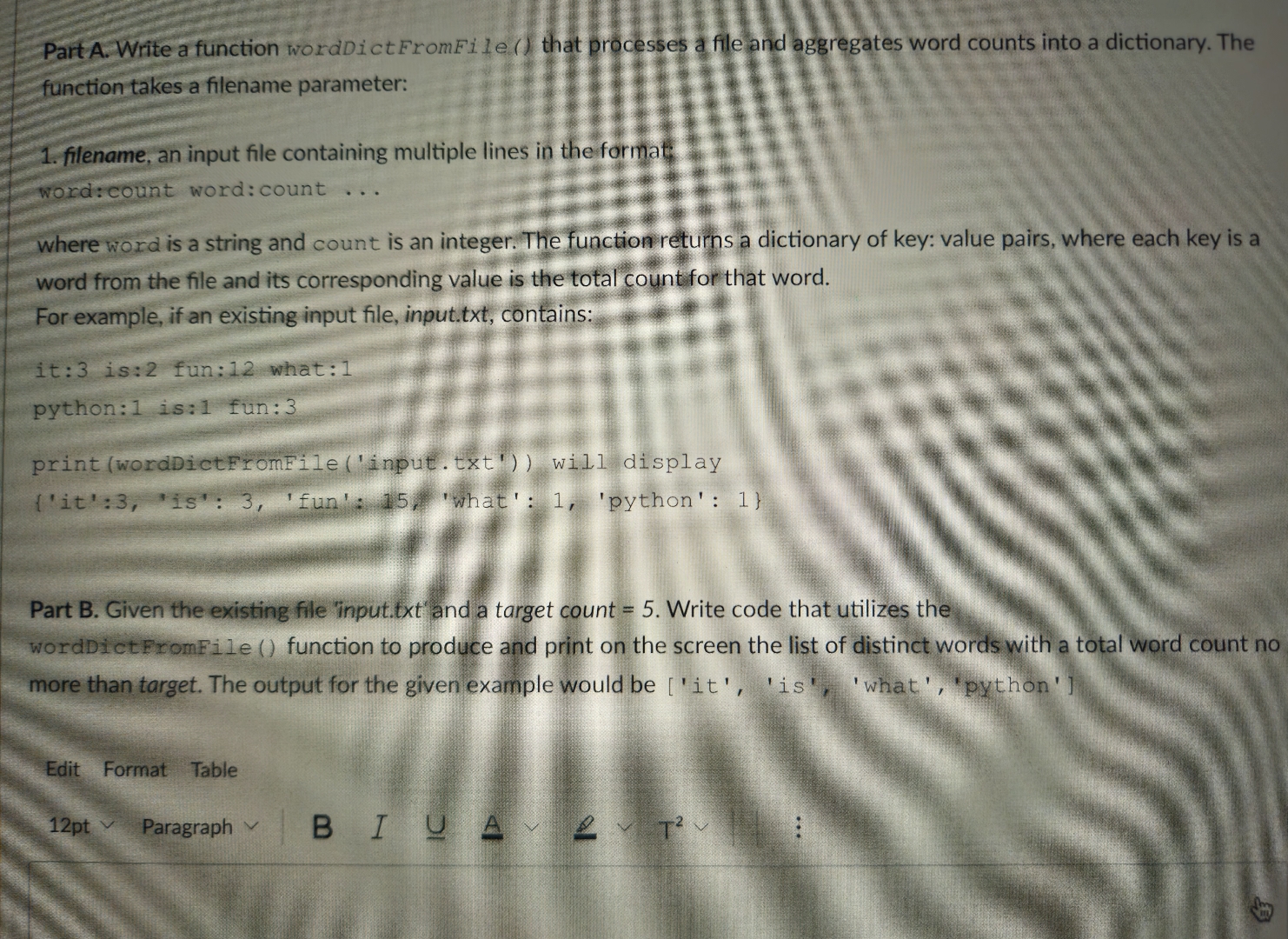 Solved Part A. ﻿Write a function wordDictFromFile() ﻿that | Chegg.com