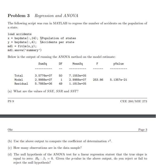 Problem 3 Regression and ANOVA The following script | Chegg.com