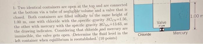 Solved 1.00 m Valve 1- Two identical containers are open at | Chegg.com