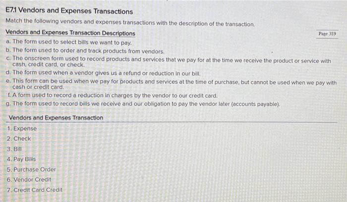 Solved E71 Vendors and Expenses Transactions Match the | Chegg.com Solved E71 Vendors and Expenses Transactions Match the | Chegg.com