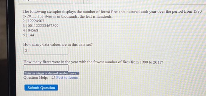 Solved The following stemplot displays the number of forest | Chegg.com