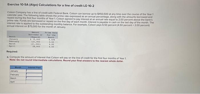 Solved Exercise 10.5A (Algo) Calculations for a line of | Chegg.com