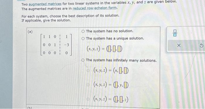 Solved Two augmented matrices for two linear systems in the | Chegg.com