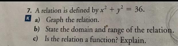 Solved 7. A relation is defined by x2+y2=36. K a) Graph the | Chegg.com