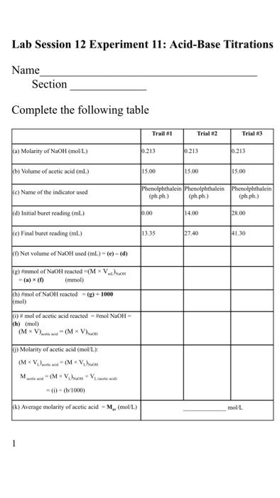Solved Lab Session 12 Experiment 11: Acid-Base Titrations | Chegg.com