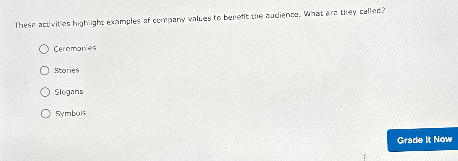 Solved These activities highlight examples of company values | Chegg.com