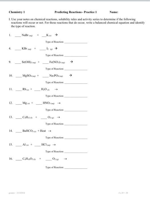 Solved Chemistry 1 Predicting Reactions - Practice 1 Name: | Chegg.com