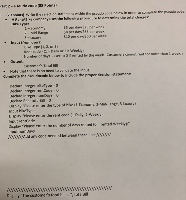 Solved Part 2 - Pseudo code (85 Points) 1. (70 points) Write | Chegg.com
