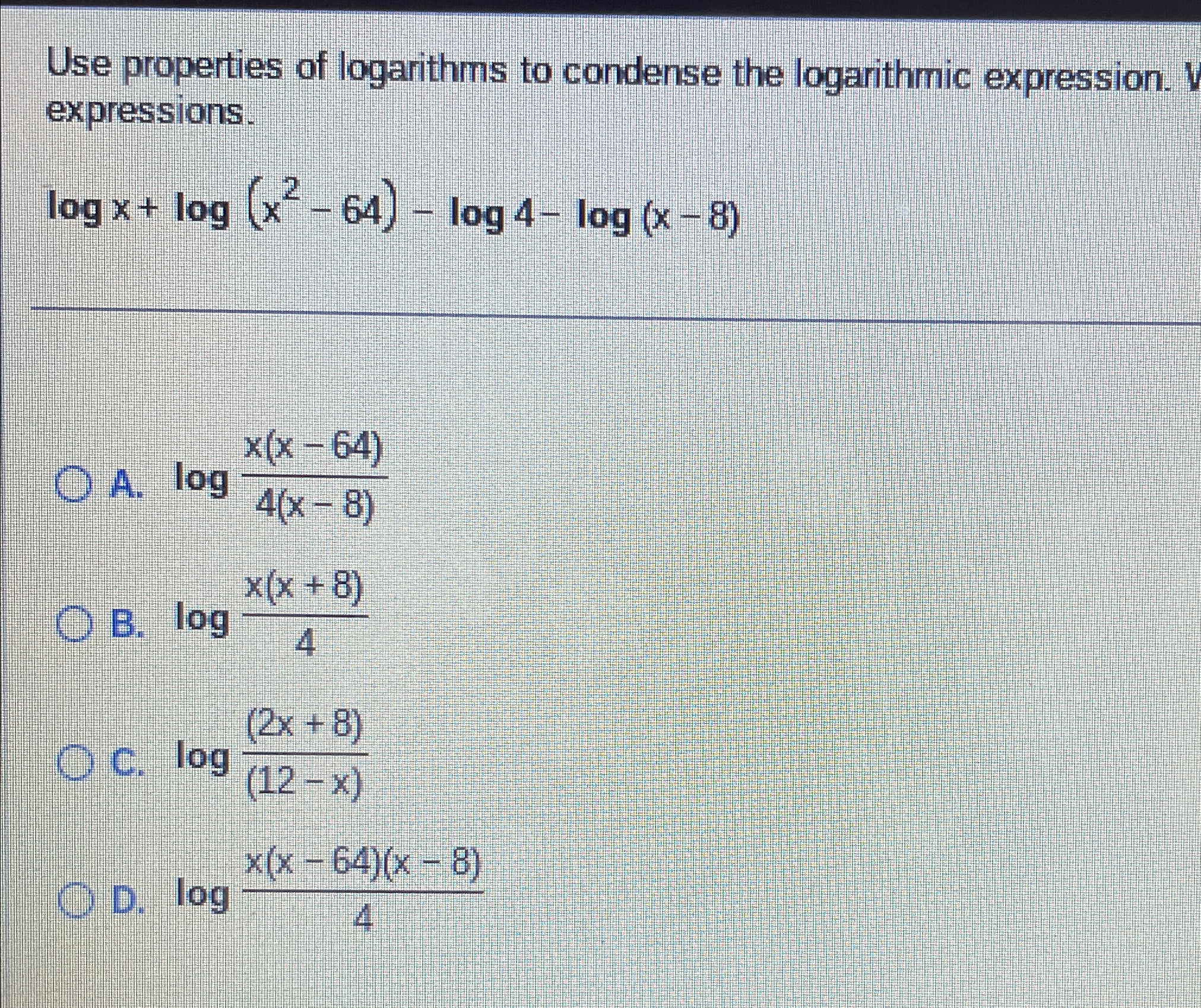 Solved Use properties of logarithms to condense the | Chegg.com