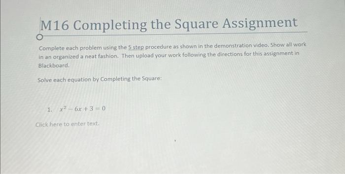 Solved M16 Completing the Square Assignment Complete each | Chegg.com