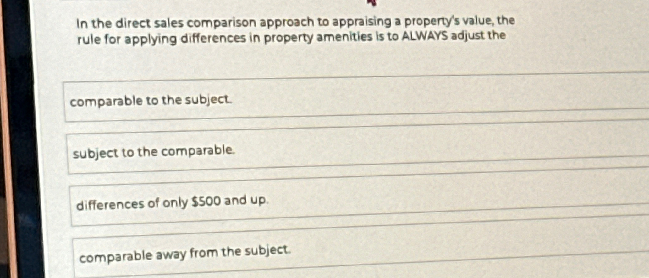 Solved In the direct sales comparison approach to appraising | Chegg.com