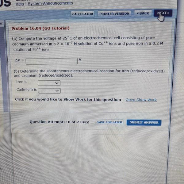 Solved Help System Announcements CALCULATOR PRINTER VERSION | Chegg.com
