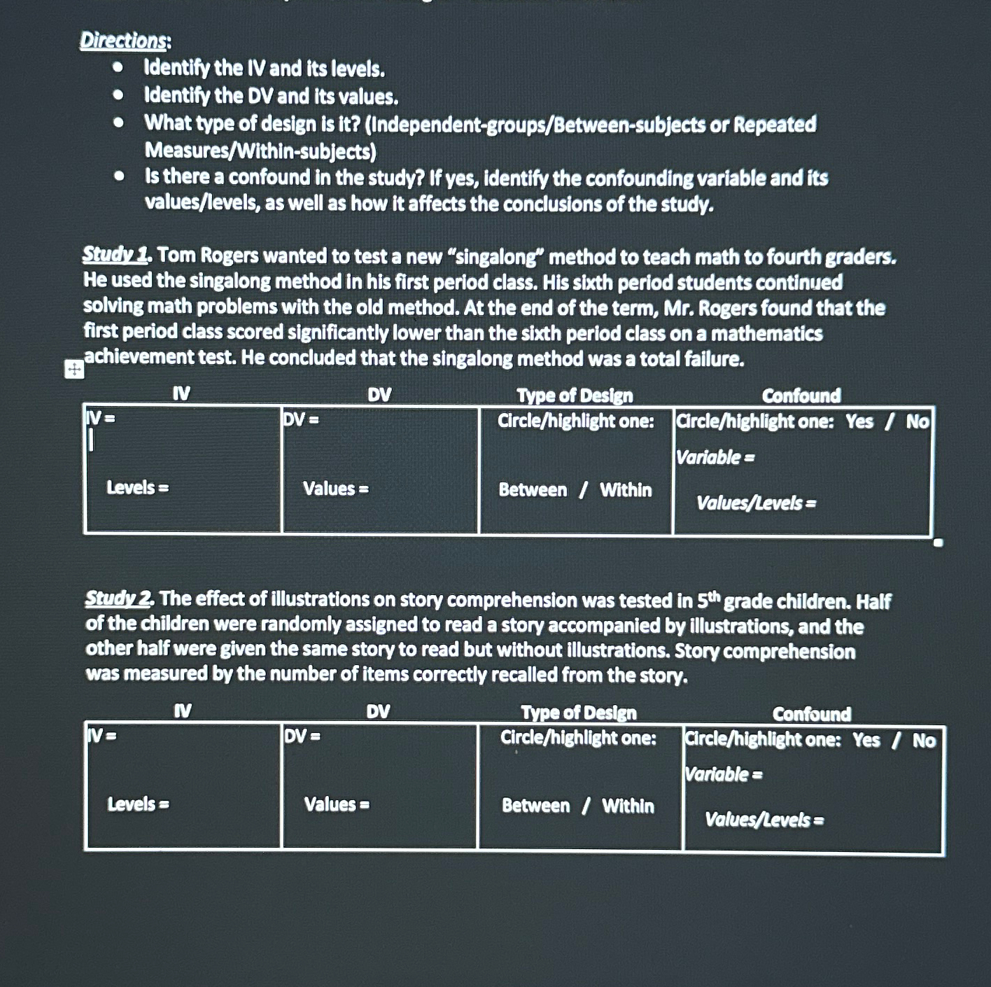 Solved Directions:Identify the IV and its levels.Identify | Chegg.com