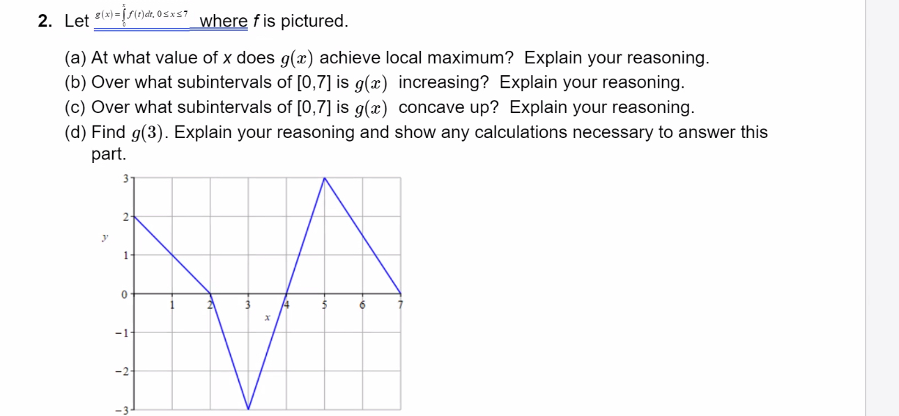 Solved Let g(x)?=f(t)dti,0?≤x≤7 ﻿where f ﻿is pictured.(a) | Chegg.com