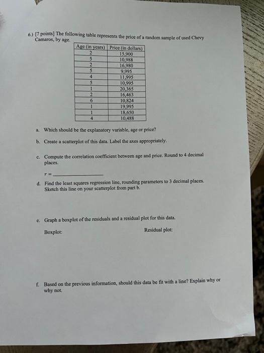 Solved 6.) [7 points] The following table represents the | Chegg.com