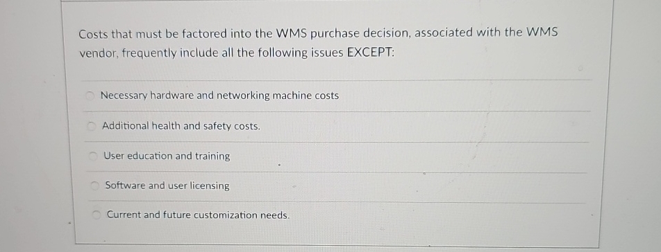 Solved Costs that must be factored into the WMS purchase | Chegg.com