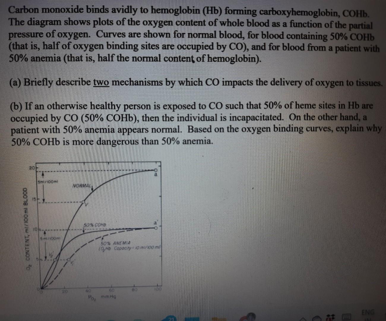 Solved Carbon monoxide binds avidly to hemoglobin (Hb) | Chegg.com