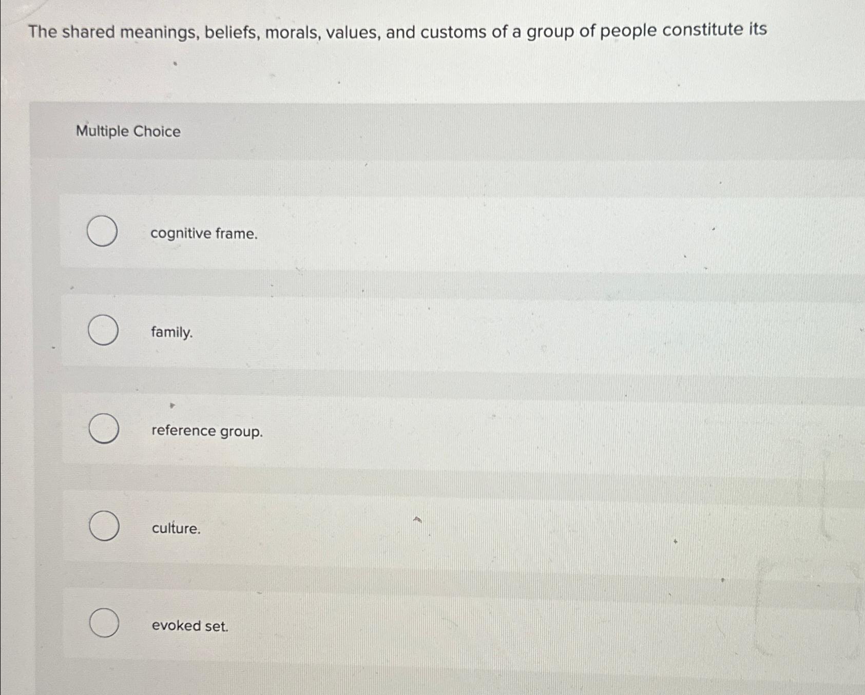 Solved The shared meanings, beliefs, morals, values, and | Chegg.com
