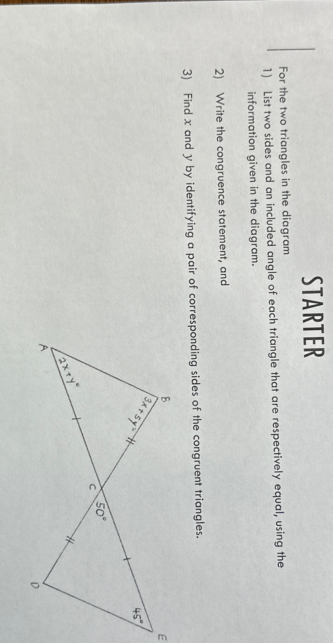 Solved STARTERFor the two triangles in the diagramList two | Chegg.com