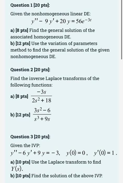 Solved Given the nonhomogeneous linear DE : | Chegg.com