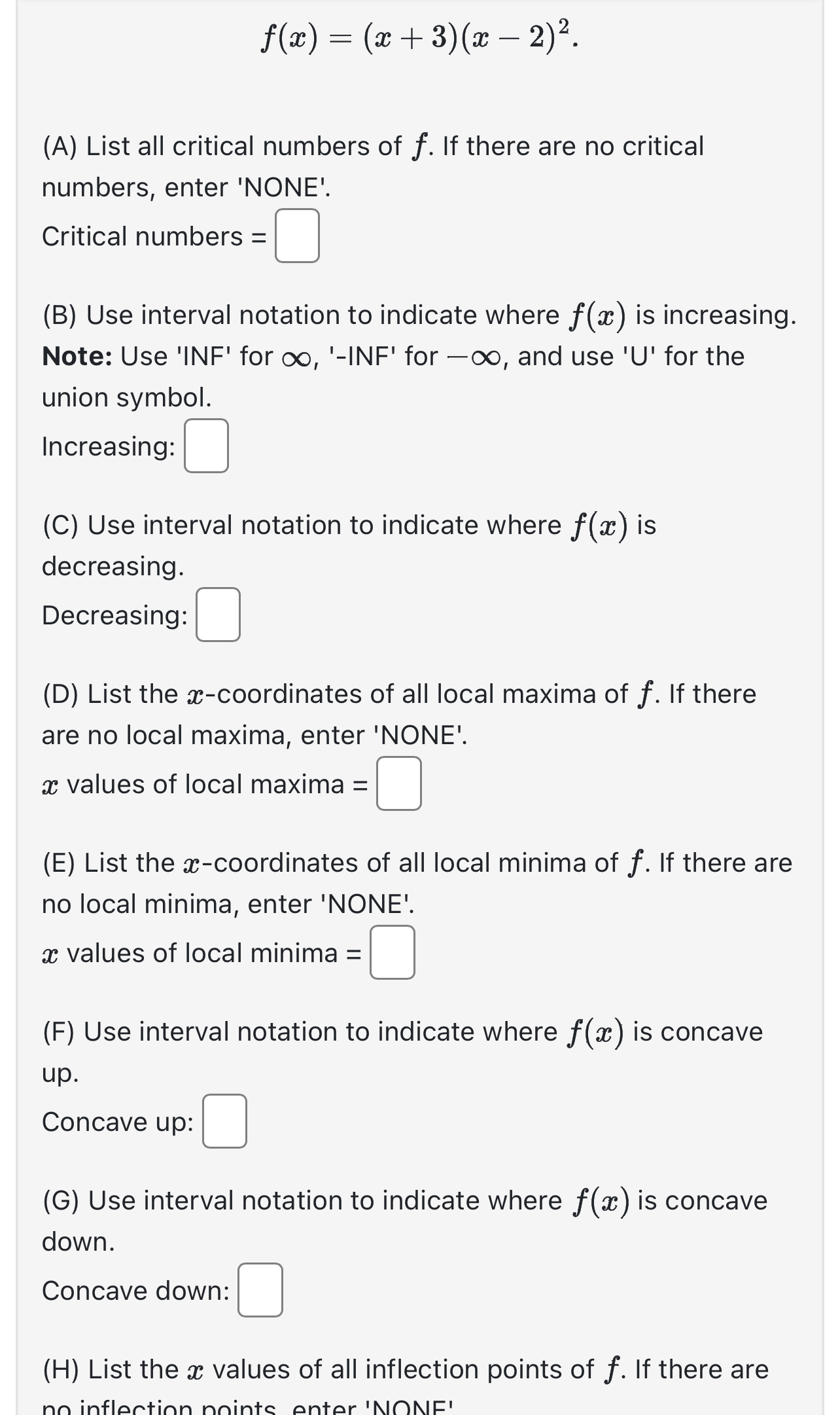Solved f(x)=(x+3)(x-2)2.(A) ﻿List all critical numbers of f. | Chegg.com