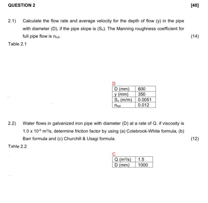 Solved QUESTION 2 [40] 2.1) Calculate the flow rate and | Chegg.com
