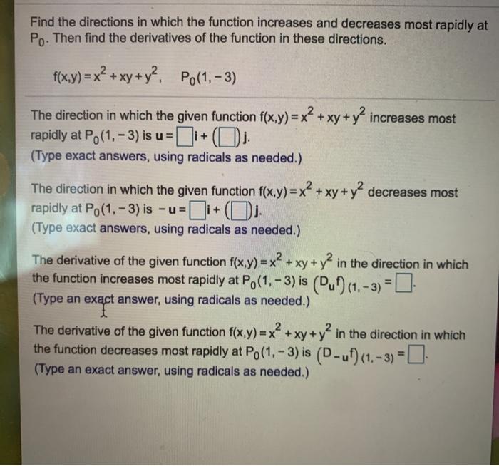 Solved Find the directions in which the function increases | Chegg.com