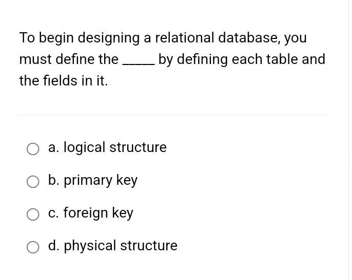 Solved To begin designing a relational database, you must | Chegg.com