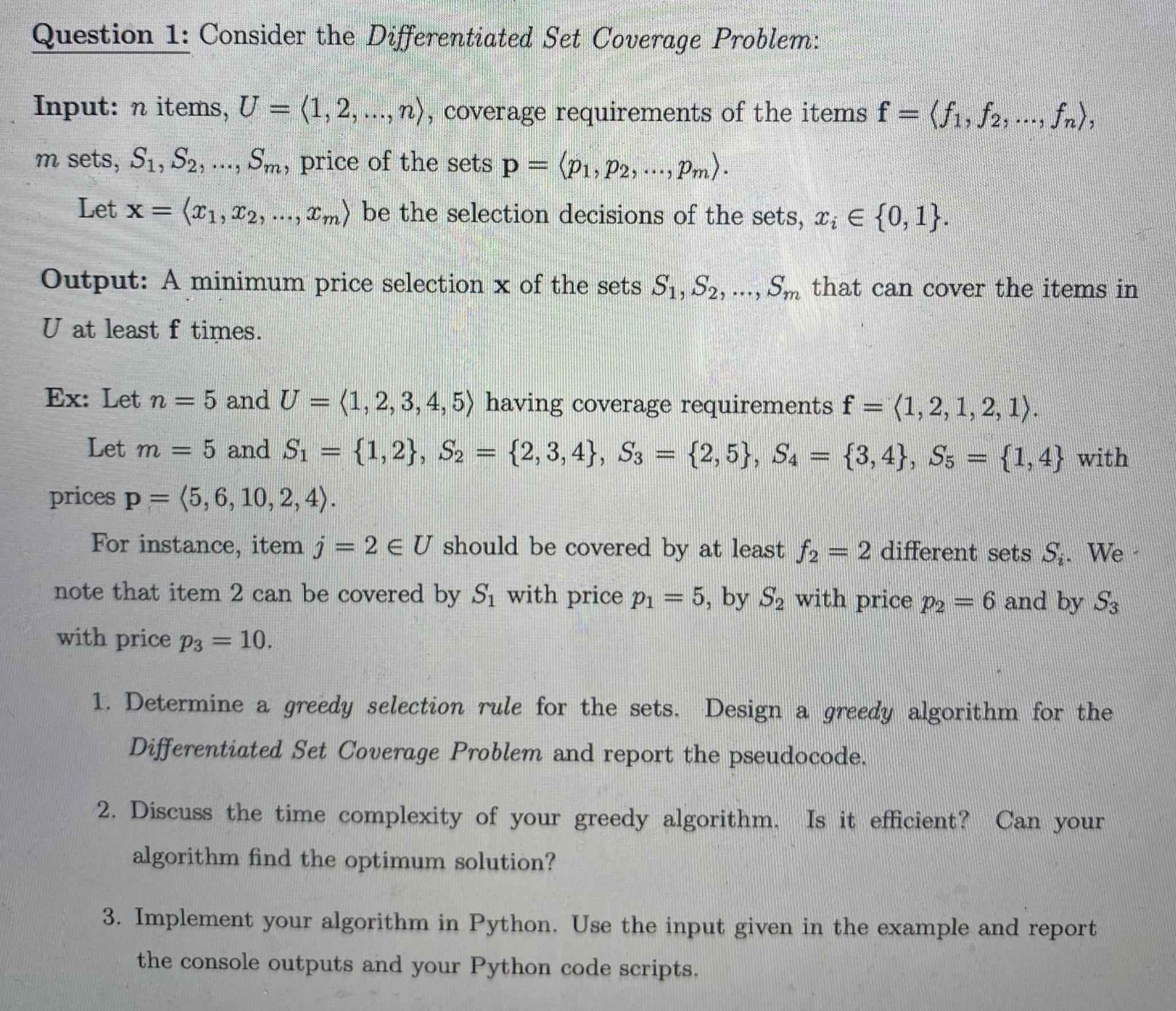 Solved Question 1: Consider the Differentiated Set Coverage | Chegg.com