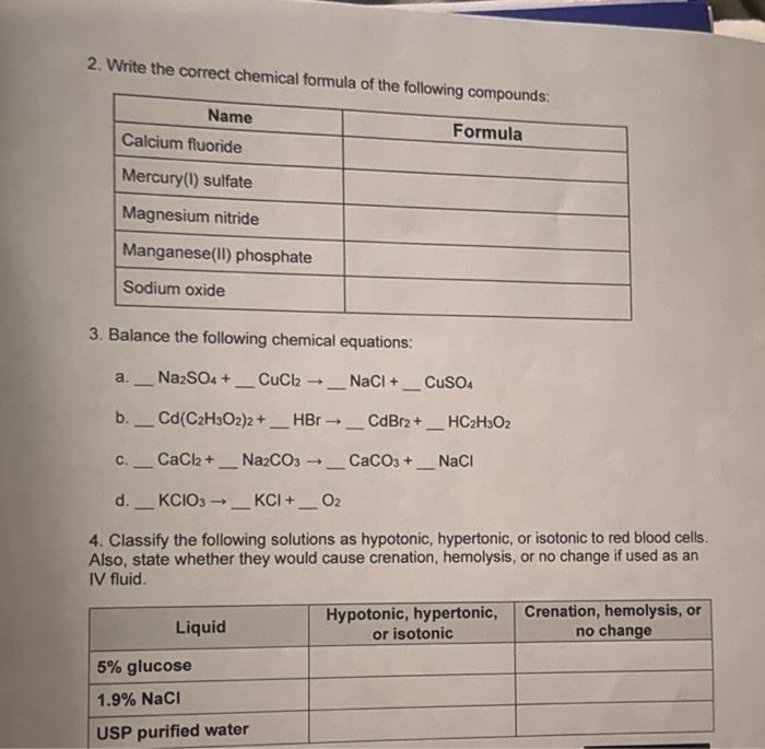 Solved 2. Write the correct chemical formula of the | Chegg.com