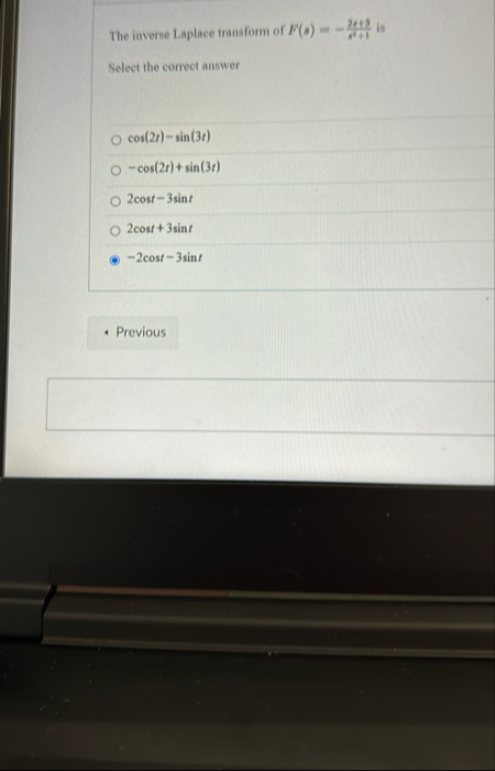 Solved The inverse Laplace transform of F(s)=-2s 3s3 1 | Chegg.com