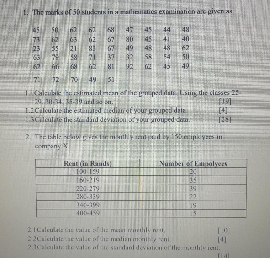 Solved 1. The marks of 50 students in a mathematics | Chegg.com