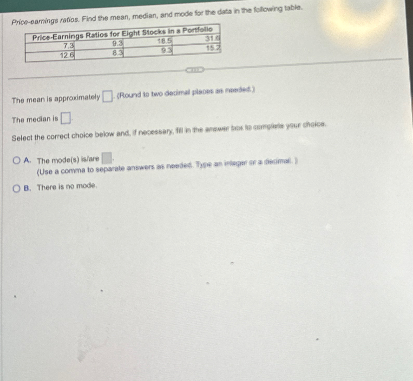Price-earnings ratios. Find the mean, median, and | Chegg.com