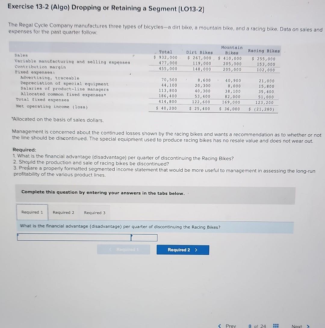 Solved Exercise 13-2 (Algo) Dropping or Retaining a Segment | Chegg.com