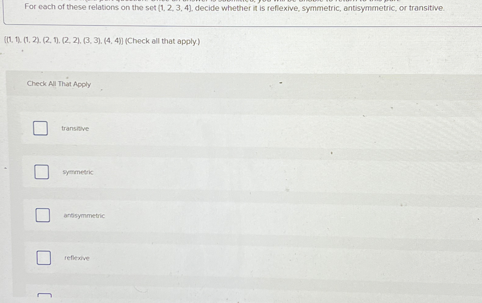 Solved For each of these relations on the set {1,2,3,4}, | Chegg.com