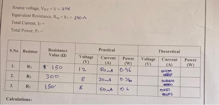 Solved Source voltage, VDC=V=2O V Equivalent Resistance, Req | Chegg.com