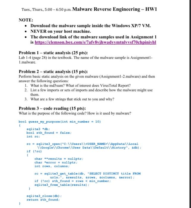 Solved Tues., Thurs., 5:00 - 6:50 p.m. Malware Reverse | Chegg.com