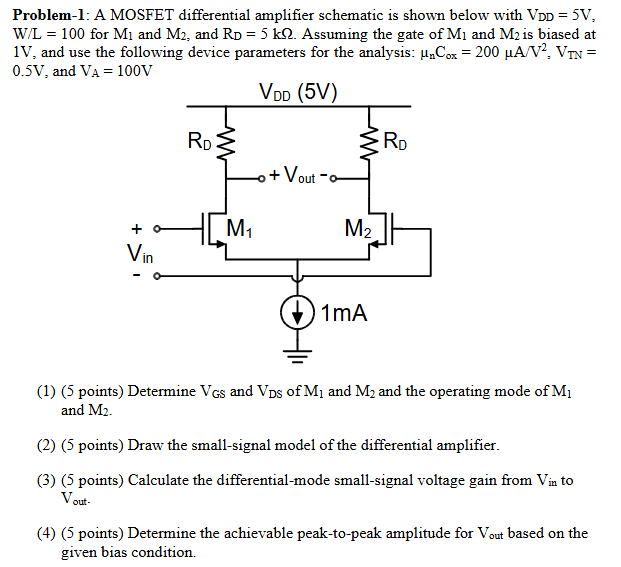 Problem-1: A MOSFET differential amplifier schematic | Chegg.com