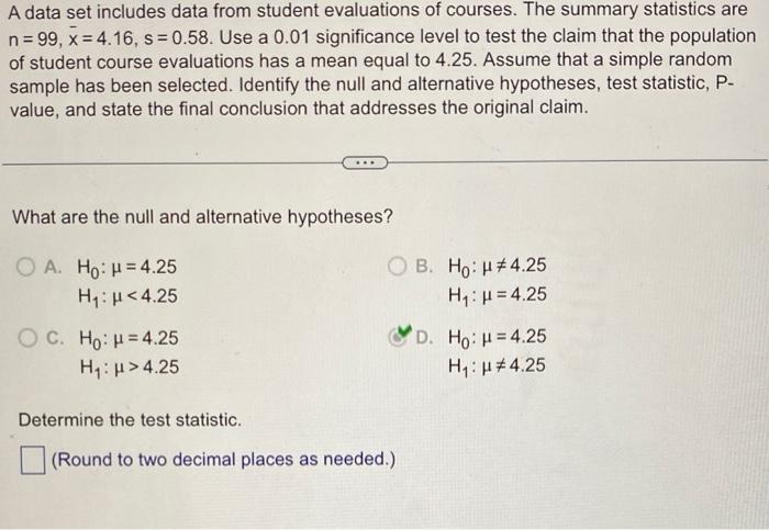Solved A data set includes data from student evaluations of | Chegg.com