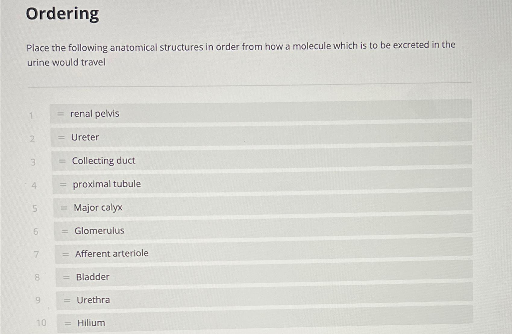 Solved OrderingPlace the following anatomical structures in | Chegg.com